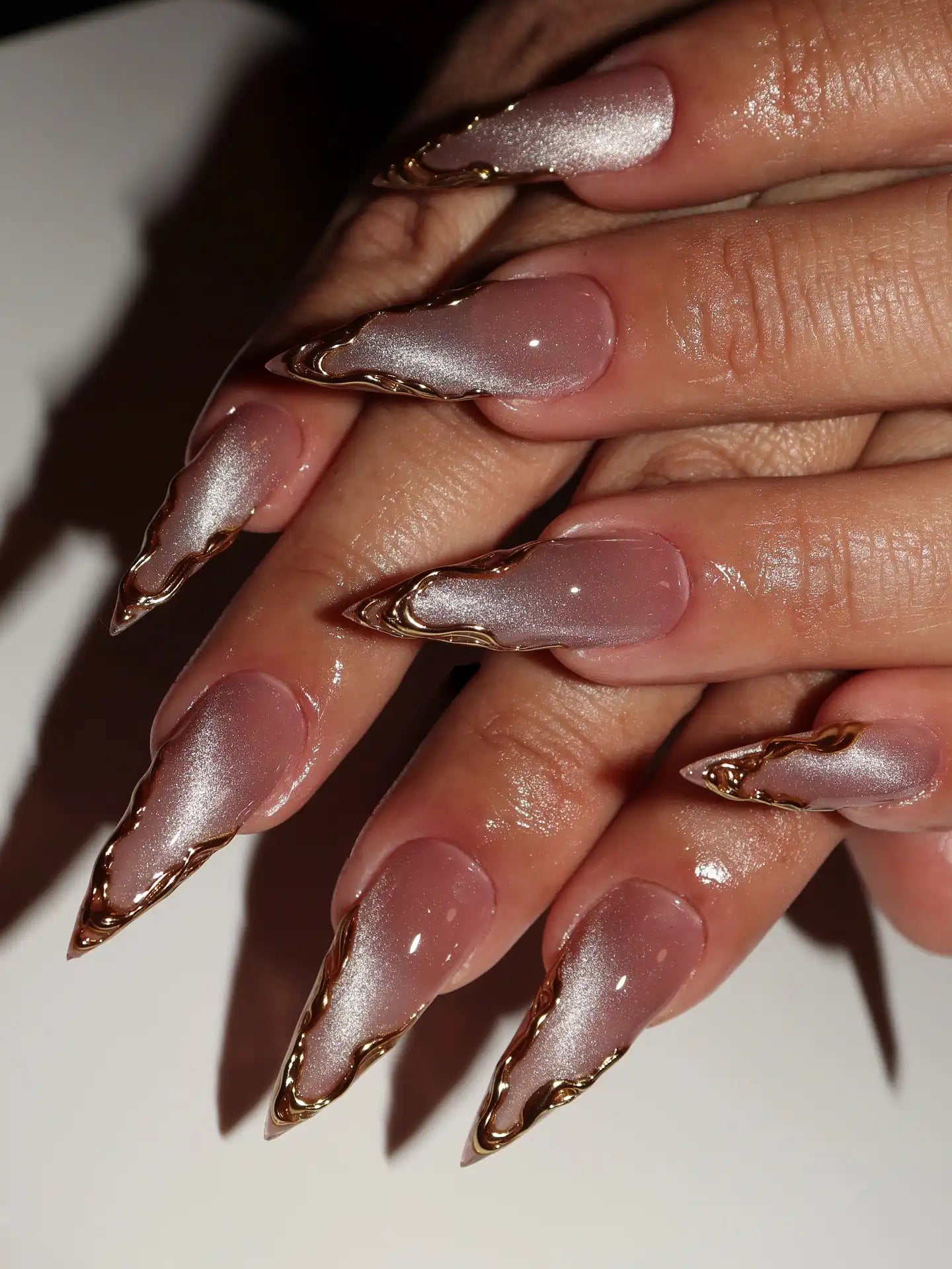 Handmade Gold Chrome French Edge Shimmer Luxury Press on Nails V35 ...