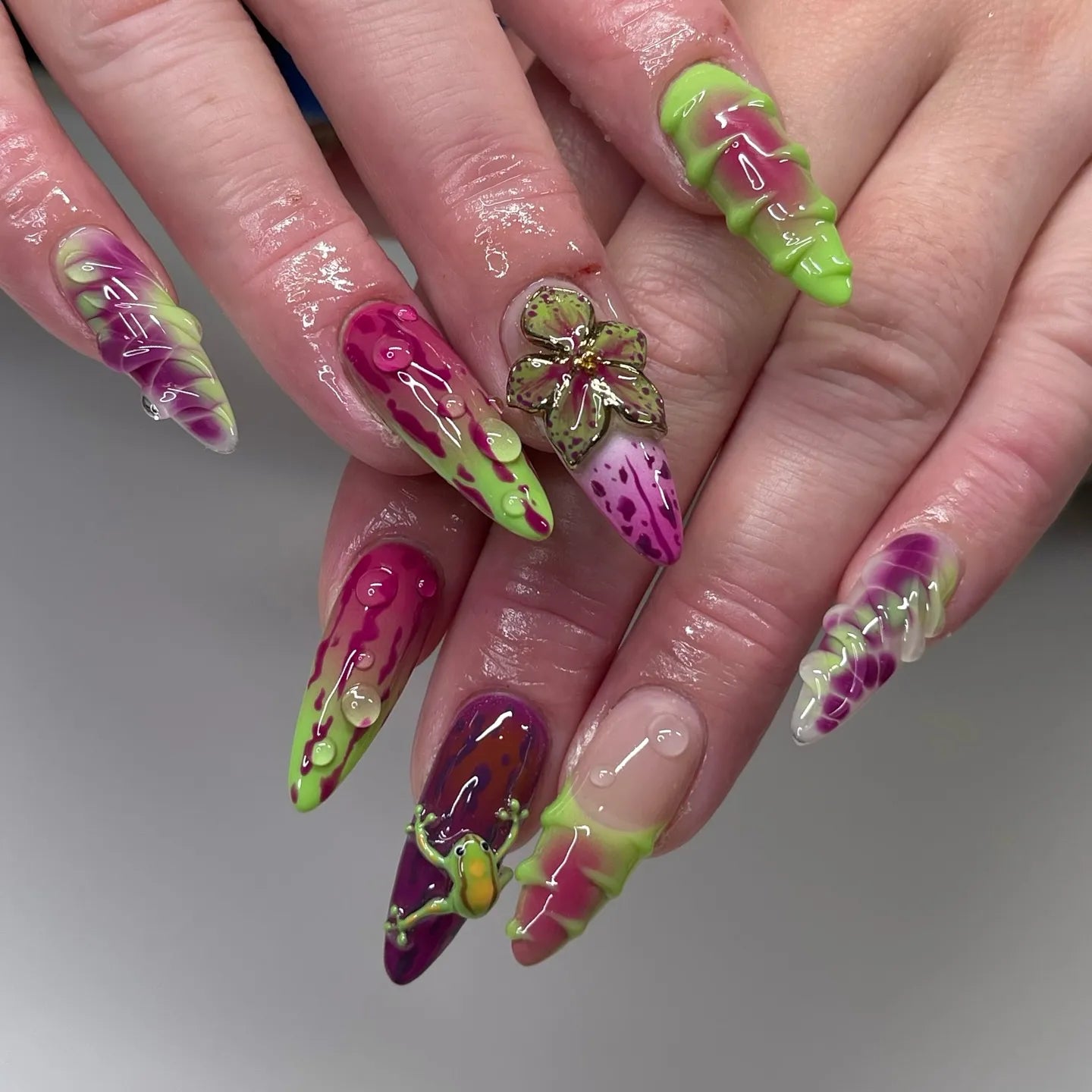 Handmade Neon Green Pink Purple Dripping Frog Abstract Edgy Press on N ...